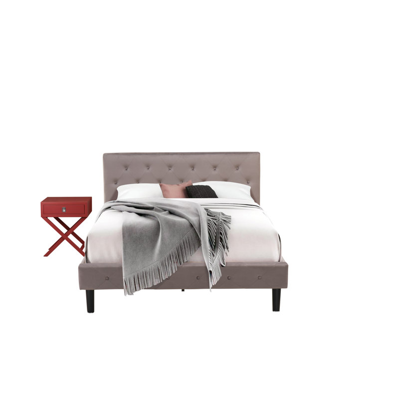 Aerielle 2 Piece Queen Bed Set 1 Bed Brown Taupe Velvet Fabric Headboard And 1 Night Stand Burgundy Finish Nightstand Brown Taupe Burgundy Queen